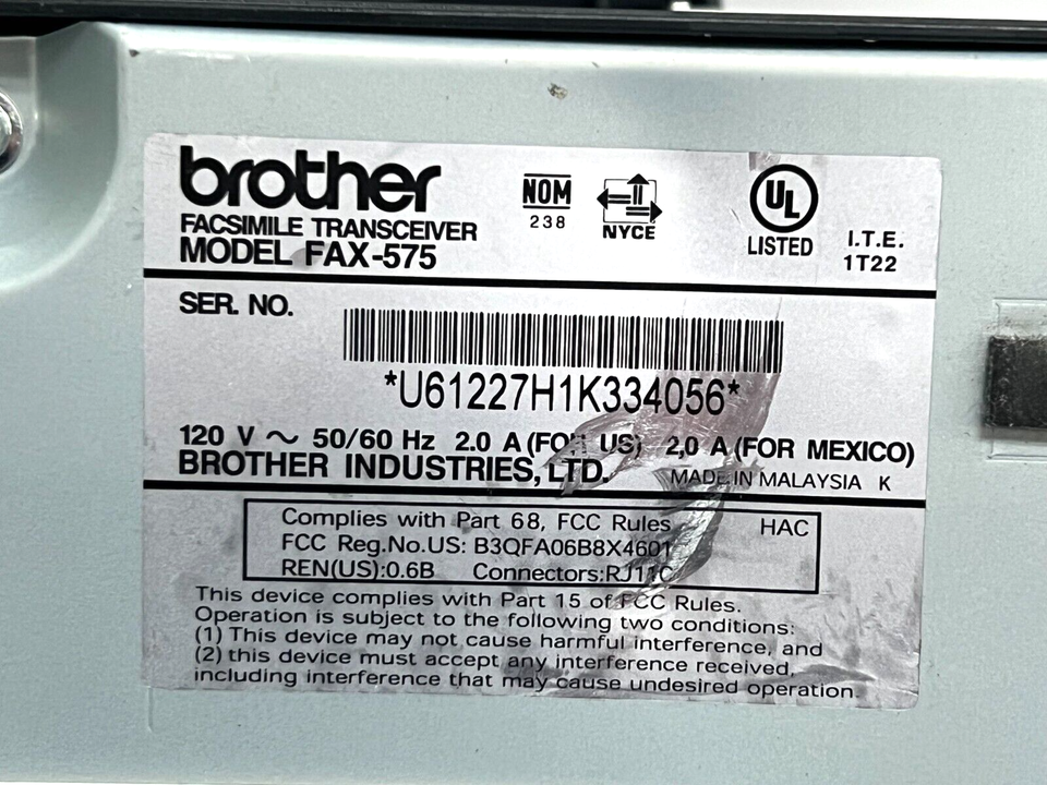 BROTHER FAX-575 PERSONAL PLAIN PAPER FAX SACSIMILE TRANCEIVER MACHINE ...