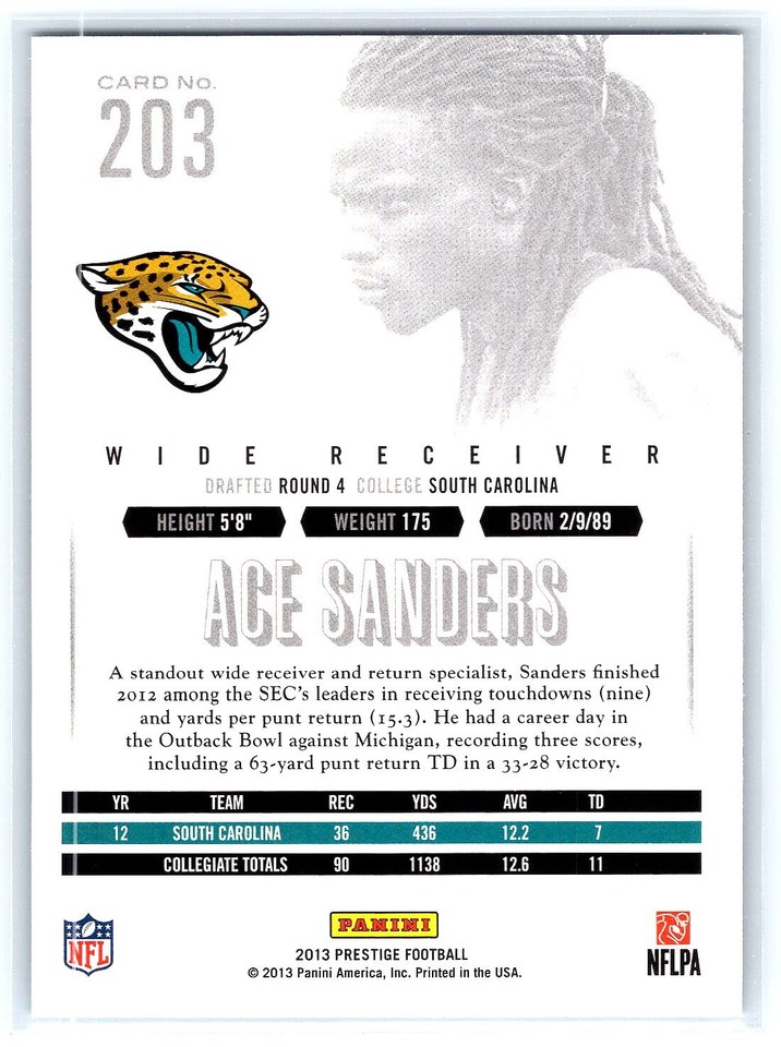 2013 Panini Prestige Football #203 Ace Sanders RC RookieJacksonville ...