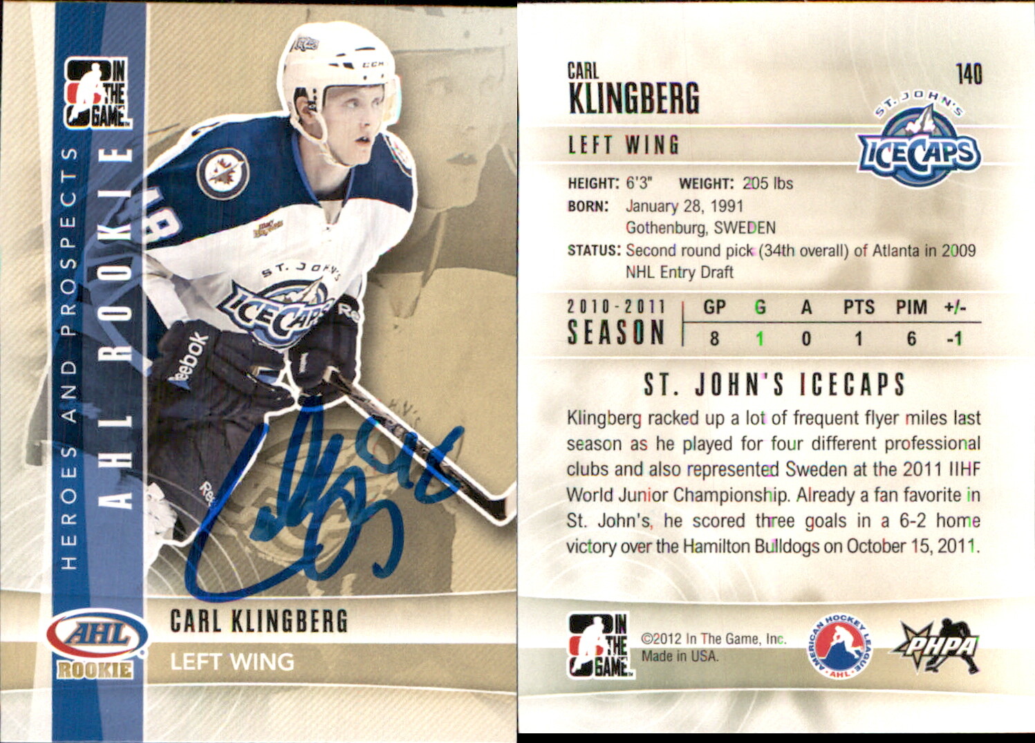 Carl Klingberg Signed 2011-12 ITG Heroes and Prospects #140 Auto AU ...