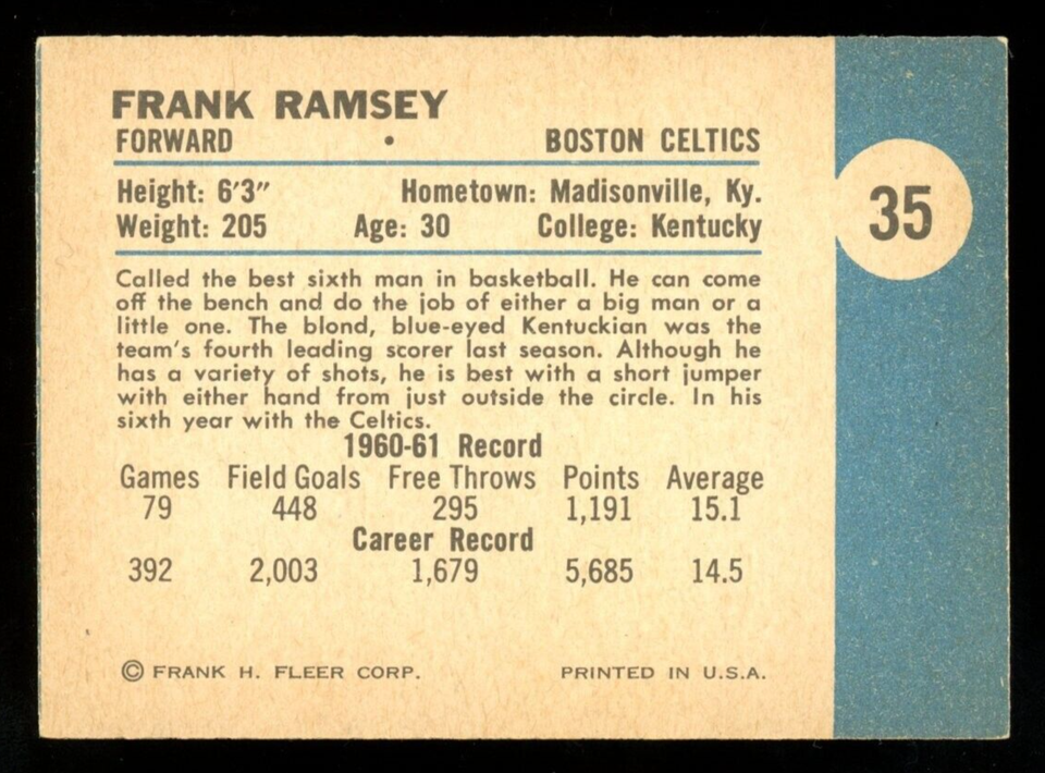1961-62 Fleer Basketball NBA #35 Frank Ramsey NM Boston Celtics Card | eBay