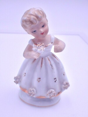 Vintage Spaghetti Trim Girl Figure Holding Flowers | eBay
