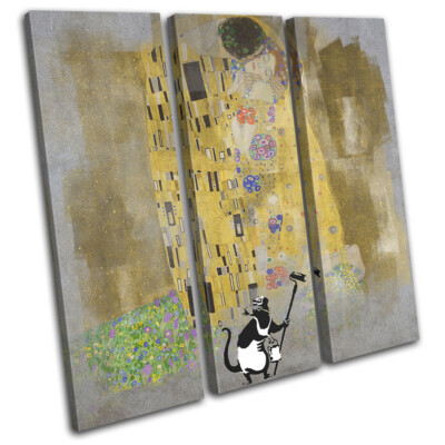 Klimt Kiss Banksy Painter Urban TREBLE CANVAS WALL ART Picture Print ...