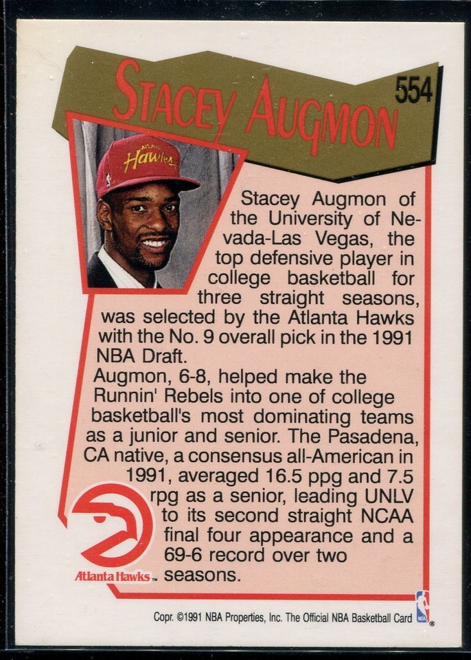 1991 NBA Hoops Basketball Stacey Augmon #554 Atlanta Hawks Rookie | eBay