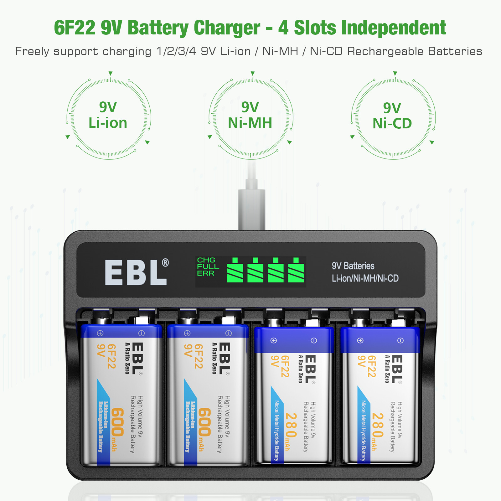 EBL 9V 600mAh 6F22 Li-ion Rechargeable Batteries / 4-Slot 9 Volt LCD ...