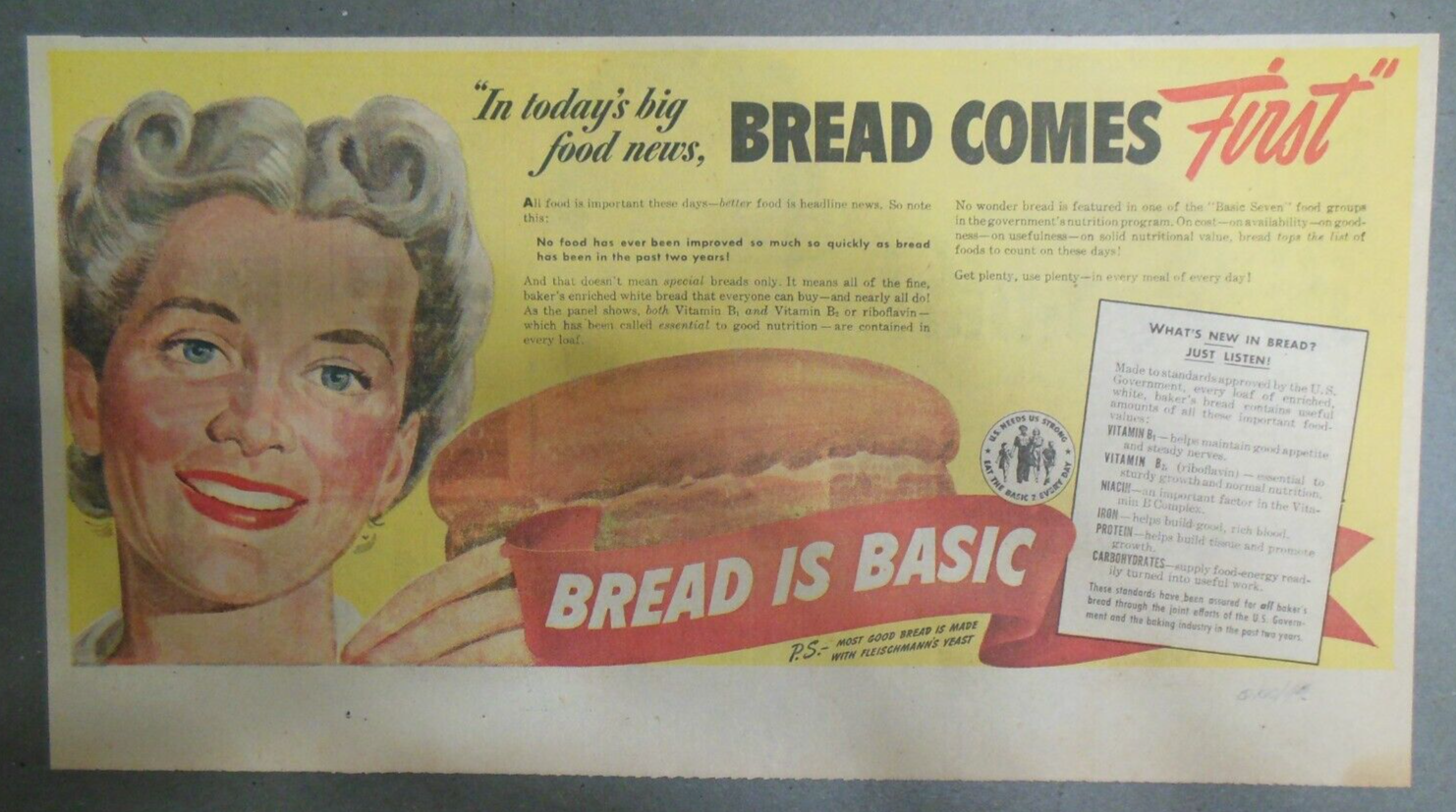 World War 2 Bread Is Basic Ad: Start With Bread ! 1940's Size: 7.5 x 15 ...