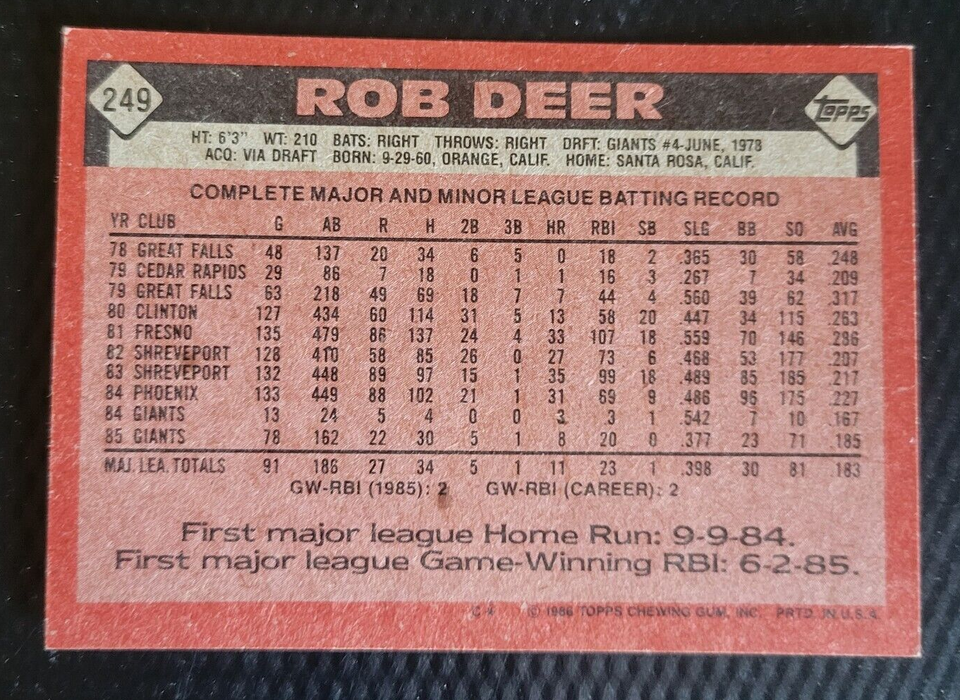 1986 Topps TCG Outfielder ROB DEER San Francisco Giants MLB Baseball ...