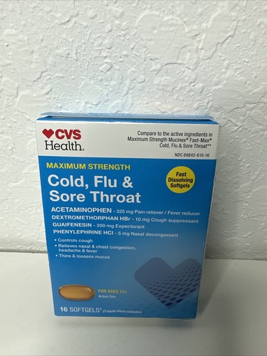 CVS Health Max Strength Cold, Flu & Sore Throat 16 Soft Gels Caplets EX ...