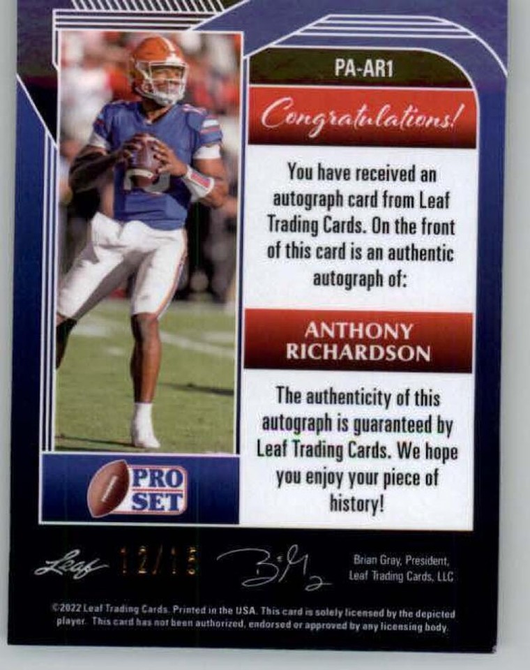 2022 Pro Set Metal Autograph PA-AR1 Anthony Richardson RC Rookie AUTO ...