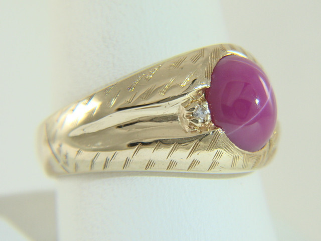 Vintage Mens 14K Yellow Gold 3.89ctw Linde Star Ruby Cabochon & Diamond ...