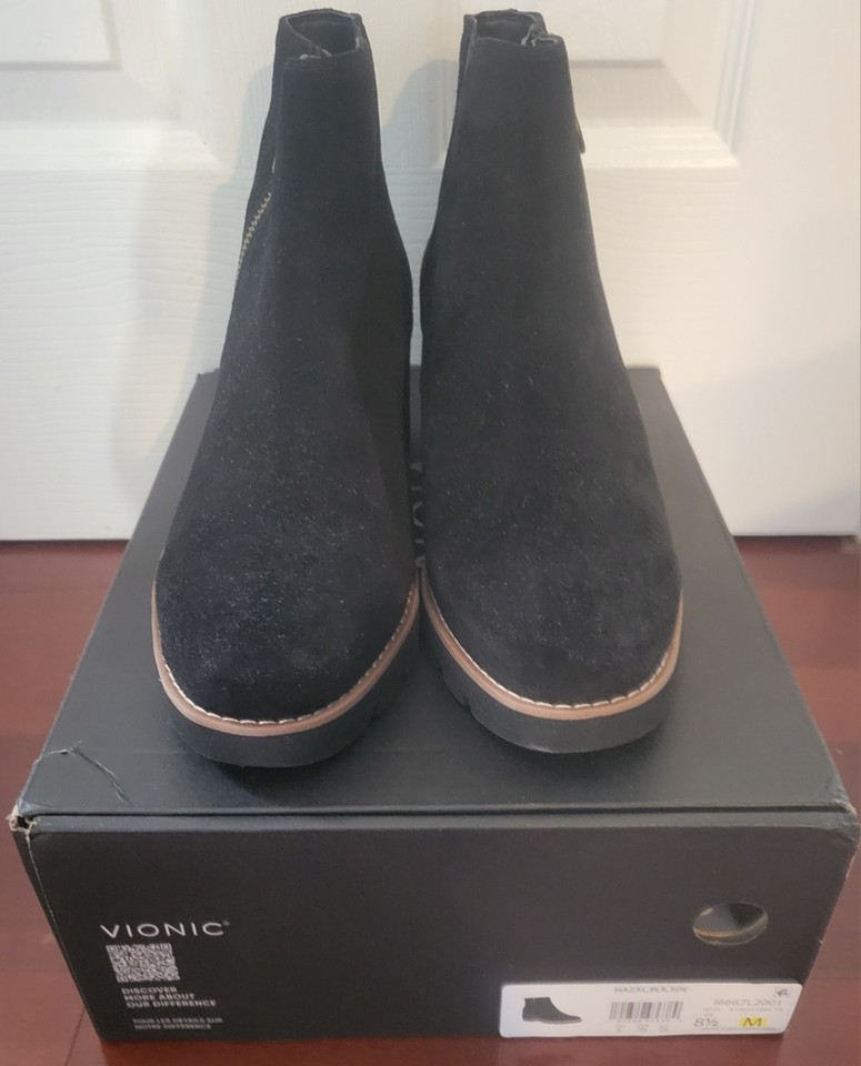 Vionic Hazel Suede Wedge Black Ankle Bootie Water Repellent New In Box ...