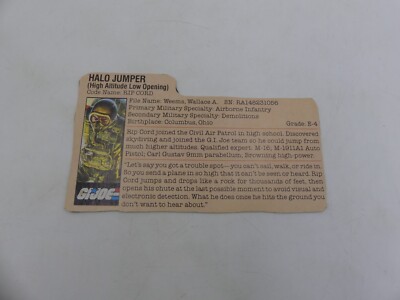 HASBRO VTG 1984 GI JOE RIP CORD RIPCORD V1 ACTION FIGURE'S FILE CARD ...