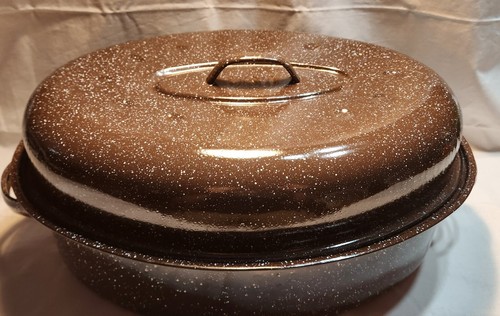 Graniteware Enamel Lrg Oval Oven VTG Brown Roast pan 16 x 12 x 4 in w ...