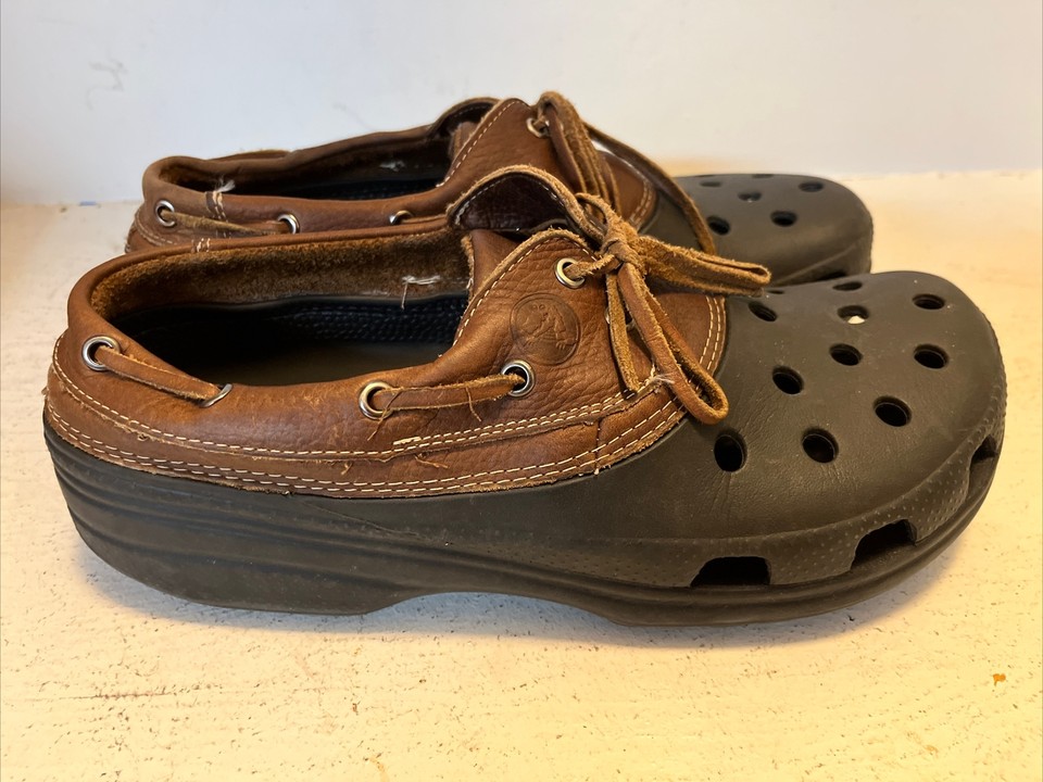 CROCS Islander Pitcrew Boat Shoes Mens 10 Brown Leather Lace-Up Sport ...