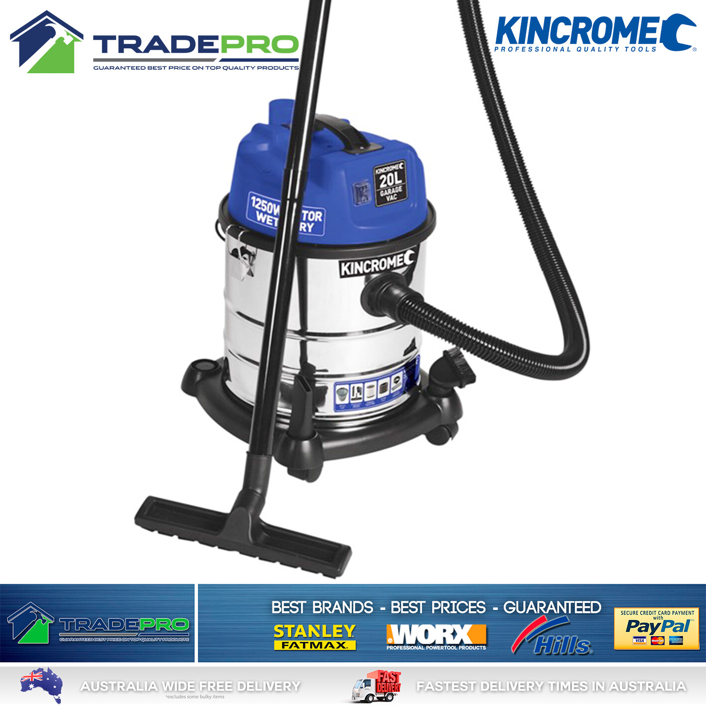 Kincrome Vacuum Cleaner Wet & Dry Commercial Work Shop 1250W Kit 20L ...