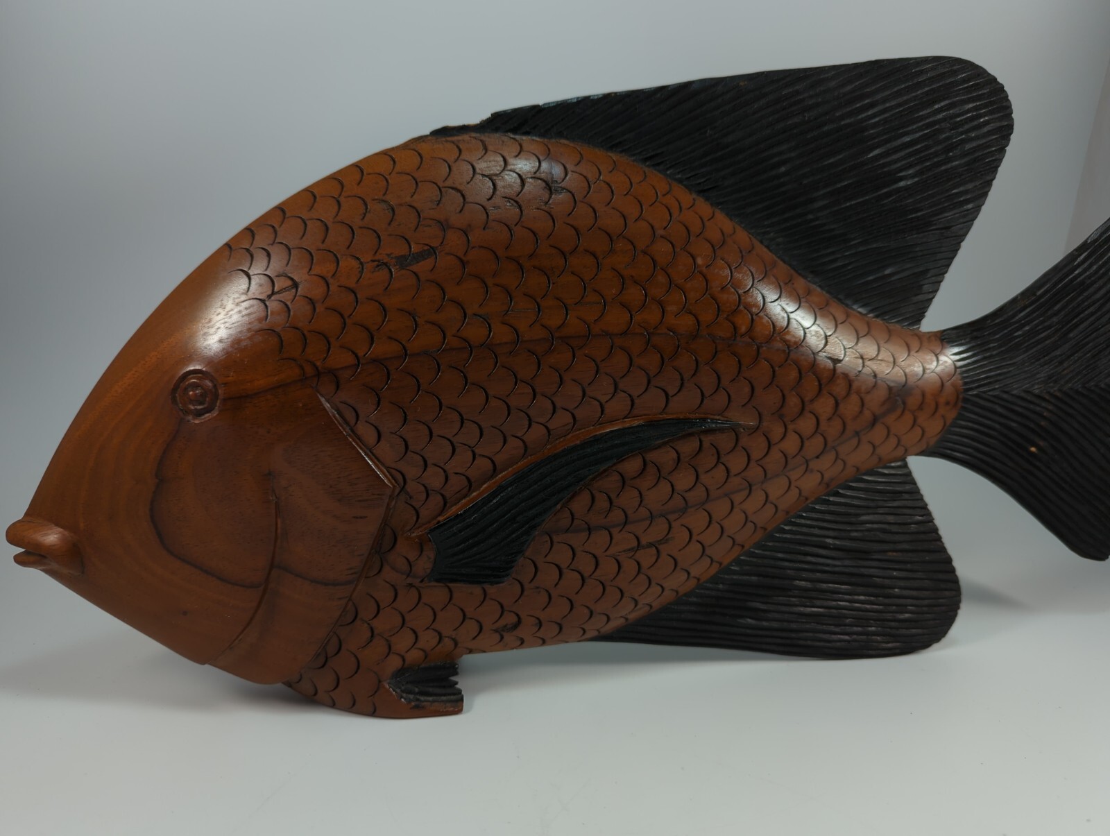 Large Hand-Carved Wood Fish Figurine Statue 17" wide. | eBay
