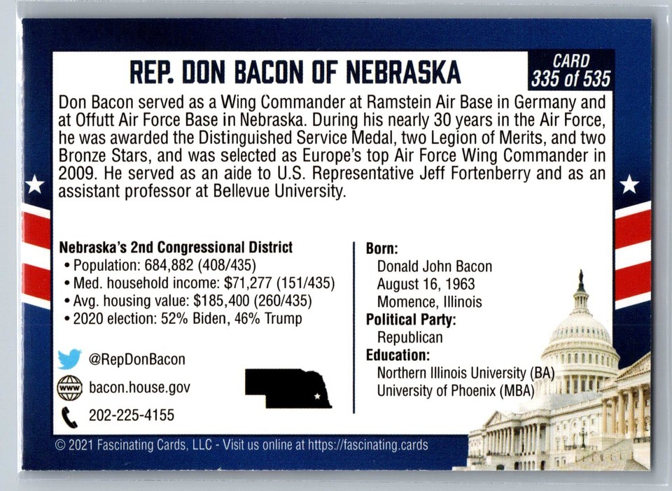 2021 Fascinating Cards 117th US Congress Don Bacon Nebraska GOP #335 | eBay