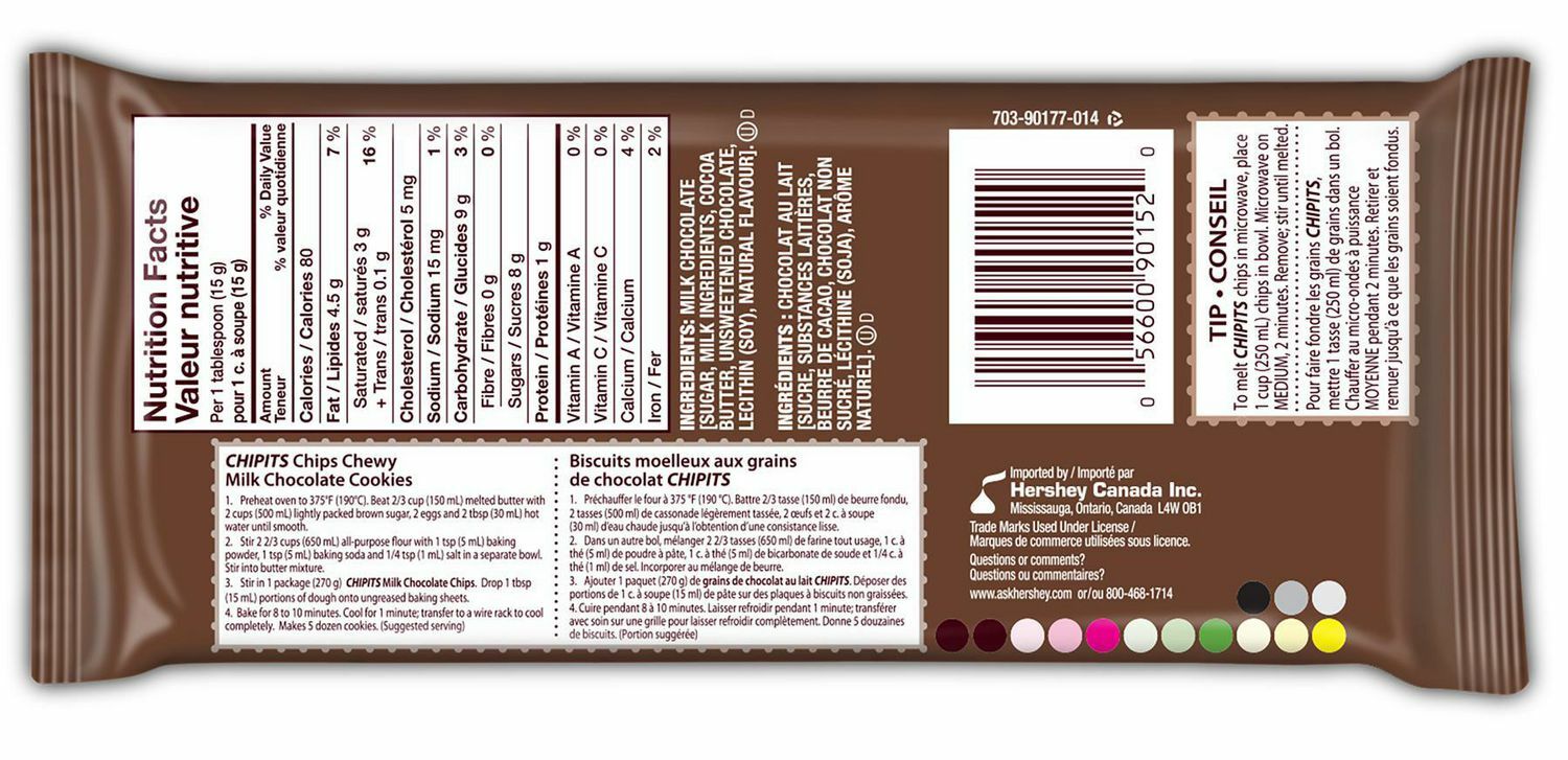 2pack Hershey's Chipits Milk Chocolate Baking Chips 270g Each Canada ...