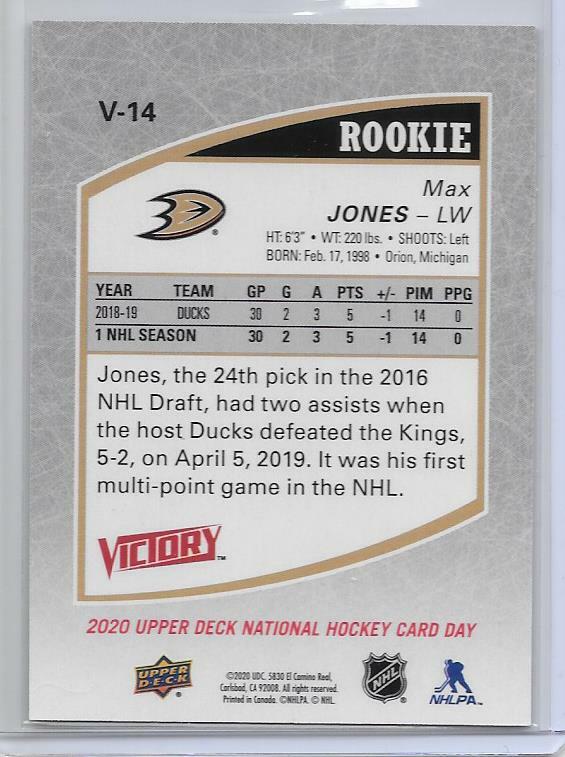 MAX JONES 2020 UD NAT. HOCK. CARD DAY VICTORY BLACK SSSP INSERT RC ...