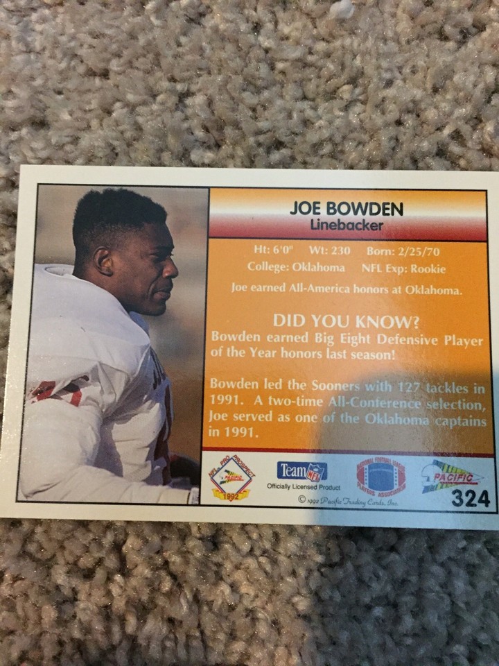 1992 Pacific Football Card #324 Joe Bowden RC Rookie Oklahoma Sooners ...