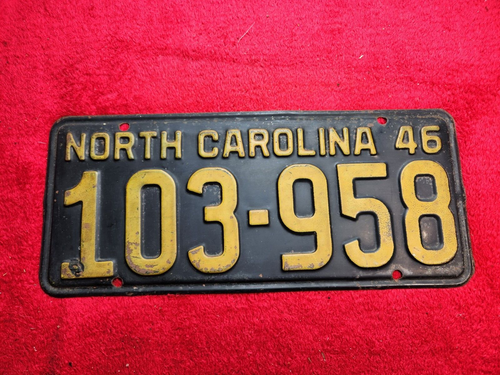 1946 NORTH CAROLINA CAR LICENSE PLATE TAG 103-958 Nice Shape!!! See ...