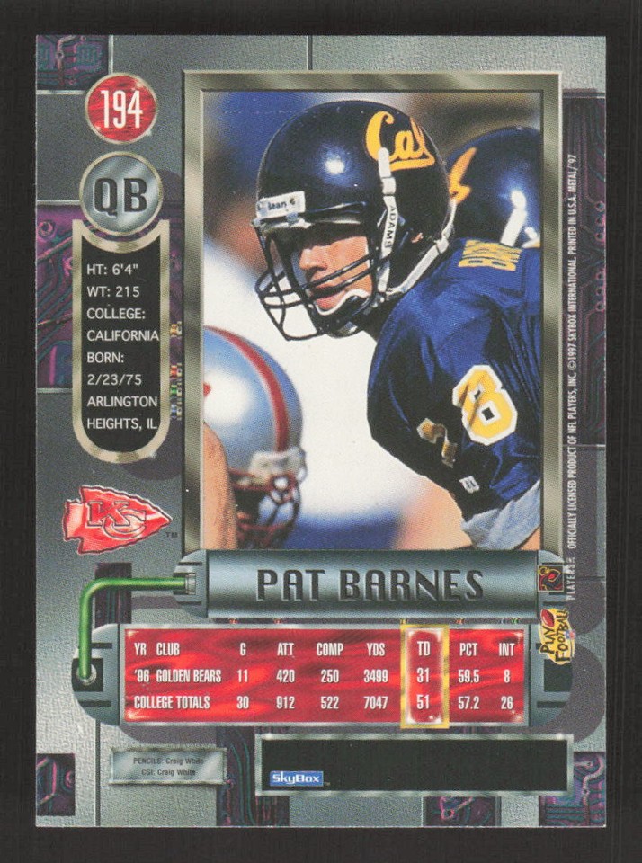 1997 Skybox Metal Universe #194 Pat Barnes Rookie Kansas City Chiefs | eBay