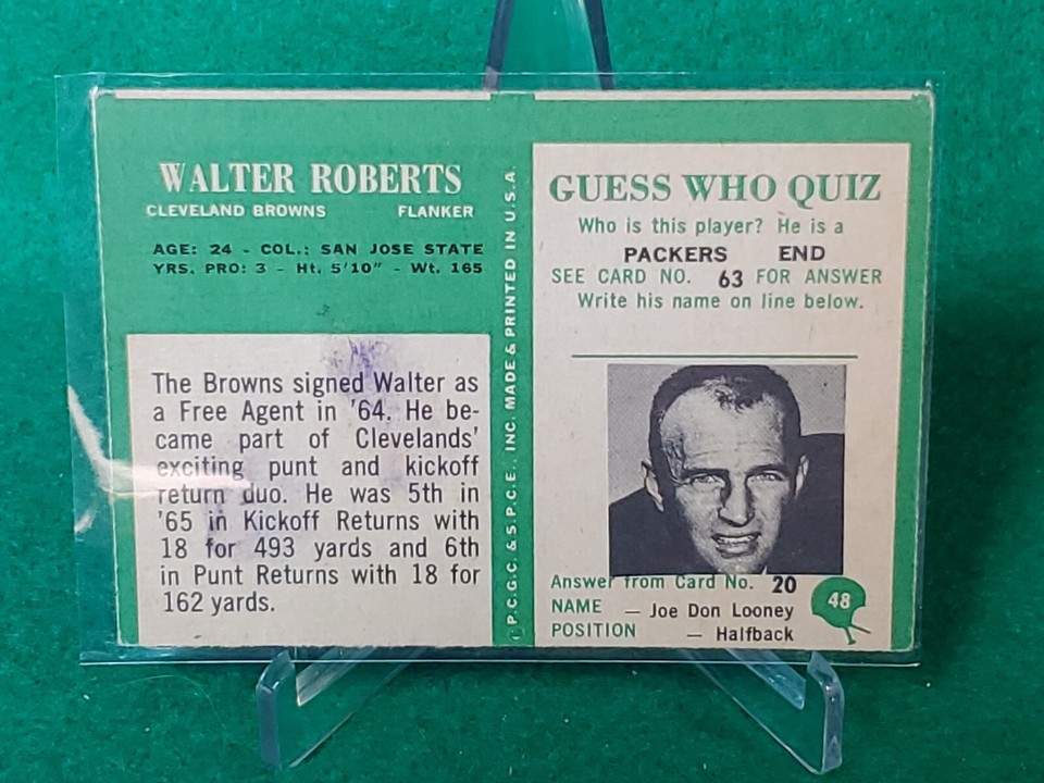 1966 Philadelphia #48 Walter Roberts Cleveland Browns Football San Jose ...