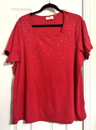 QVC QUACKER FACTORY WOMENS SIZE 1X RED EMBELLISHED SHORT SLEEVE | eBay