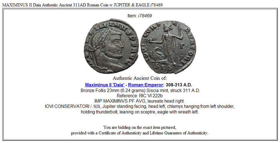 MAXIMINUS II Daia Authentic Ancient 311AD Roman Coin w JUPITER & EAGLE ...