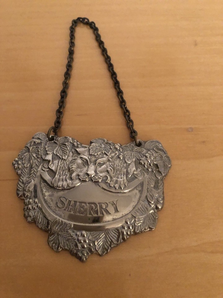 Vintage Silver Sherry Decanter Bottle Lion Head Label Display Tag Sign ...
