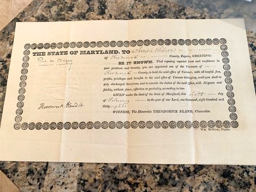 1838 Colonel Thomas Veazly Governor Maryland Autographed Appointment ...