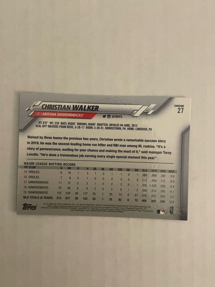 Christian Walker Signed 2020 Topps Chrome #27 IP AUTO AUTOGRAPH | eBay
