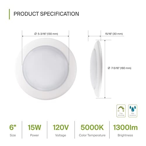 ASD 6 Inch Flush Mount Ceiling Light Wet Rated Dimmable LED Disk Light ...