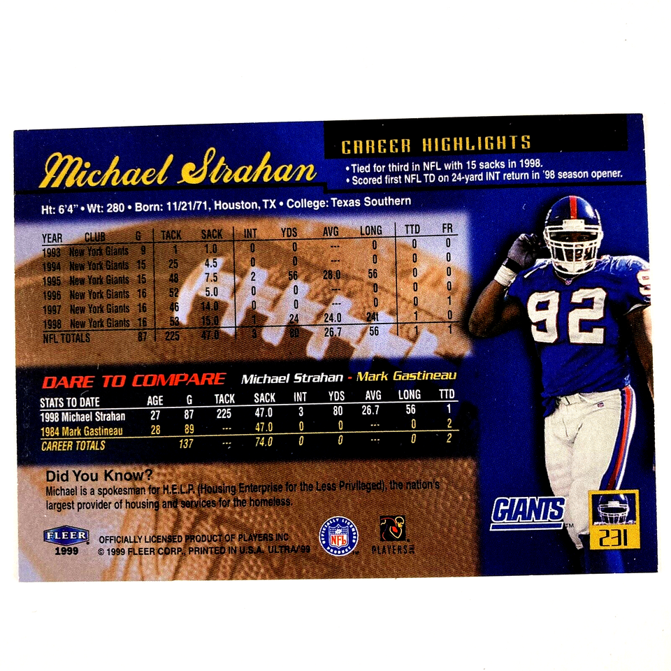 Michael Strahan 1999 Fleer Ultra Card #231 NFL New York Giants | eBay