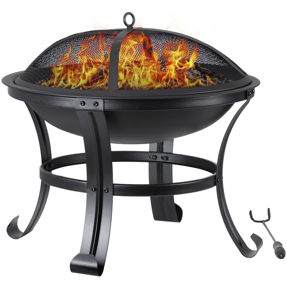22" Outdoor Wood Burning Fire Pit with Mesh Lid and Fire Picker for ...