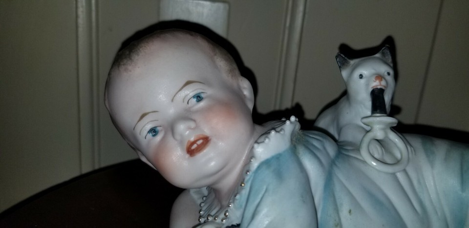 ANTIQUE GERMAN BABY WITH CAT pacifier & RABBIT BISQUE FIGURINE PIANO ...