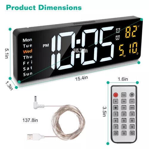 16" Large LED Screen Dispaly Digital Wall Mount Clock With Remote ...