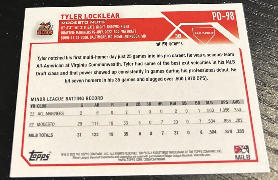 2023 Topps Pro Debut Tyler Locklear #PD-98 | eBay