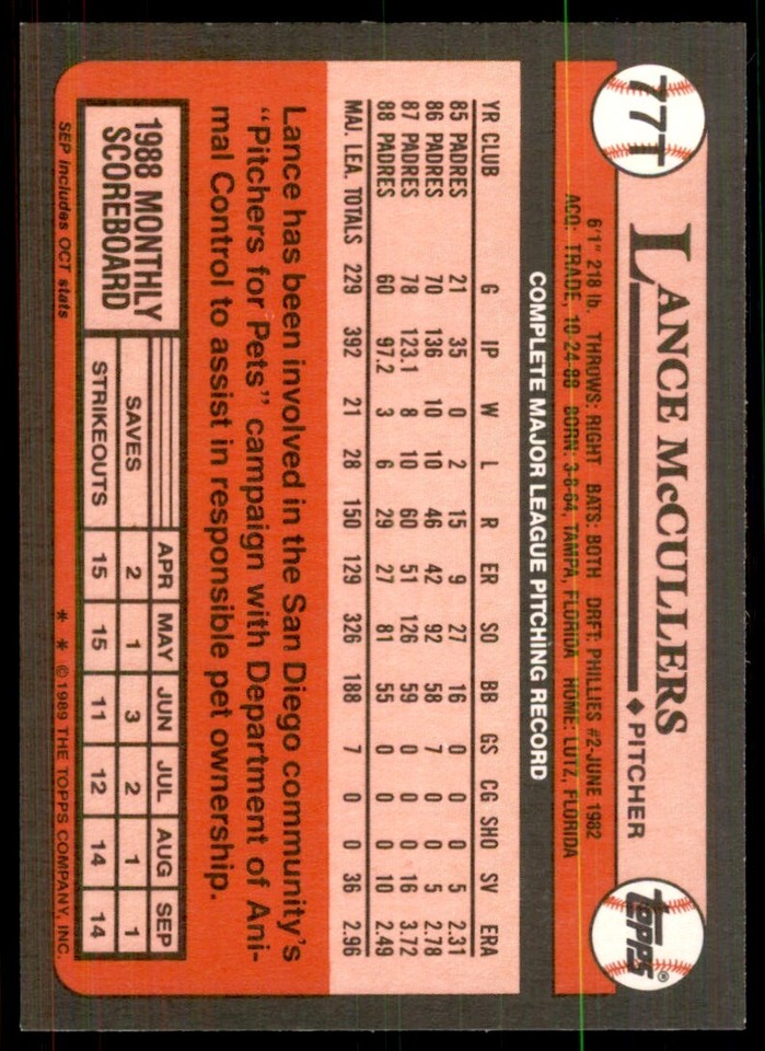 1989 Tops Traded Lance McCullers Baseball Cards #77T | eBay