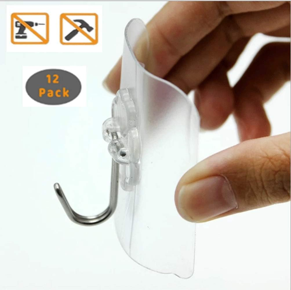 (12 Pack) Adhesive Wall Hooks,Transparent Seamless Hooks,Heavy Duty 8Kg ...