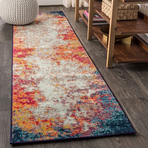 Modern Abstract Cream/Blue Runner Rug, 2x8, Contemporary POP ...