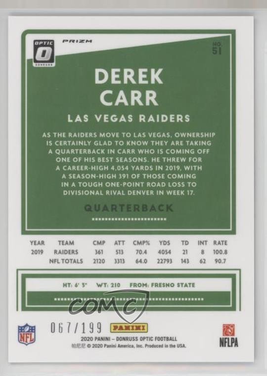 2020 Panini Donruss Optic Wave Prizm 67/199 Derek Carr #51 0la4 | eBay