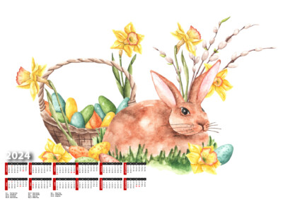 Easter Bunny and Basket of Eggs 2024 Calendar Premium Poster High ...