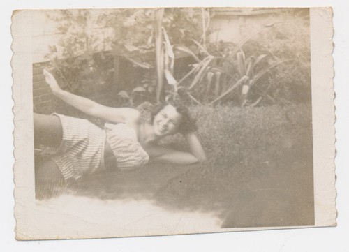 Pin-Up Pretty Woman in Striped Romper Garden Pose Smiling 1940s 50s VTG Snapshot | eBay