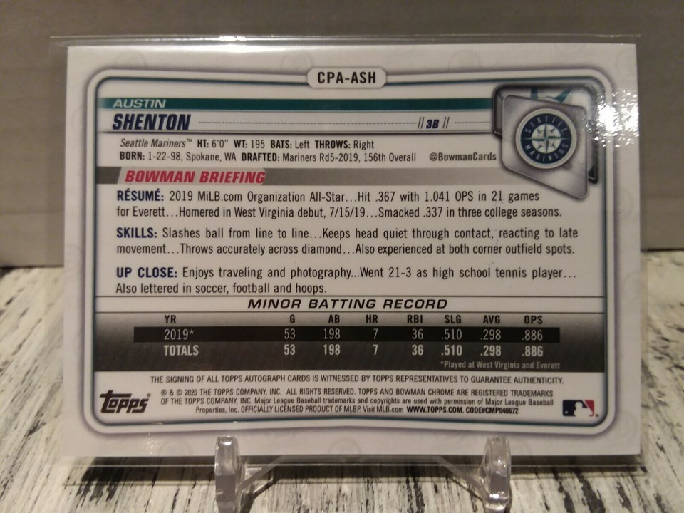 2020 Bowman Chrome 1st Austin Shenton Base Auto Rays HOT ROOKIE RC ...