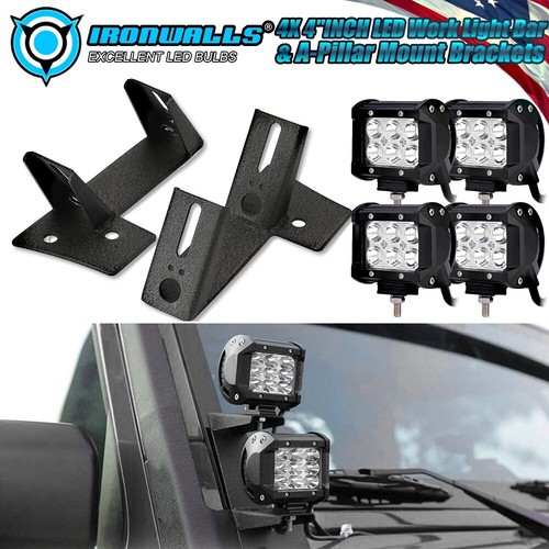 4pcs 4" LED Pods Ditch Light+A-Pillar Mount Brackets For Jeep Wrangler ...