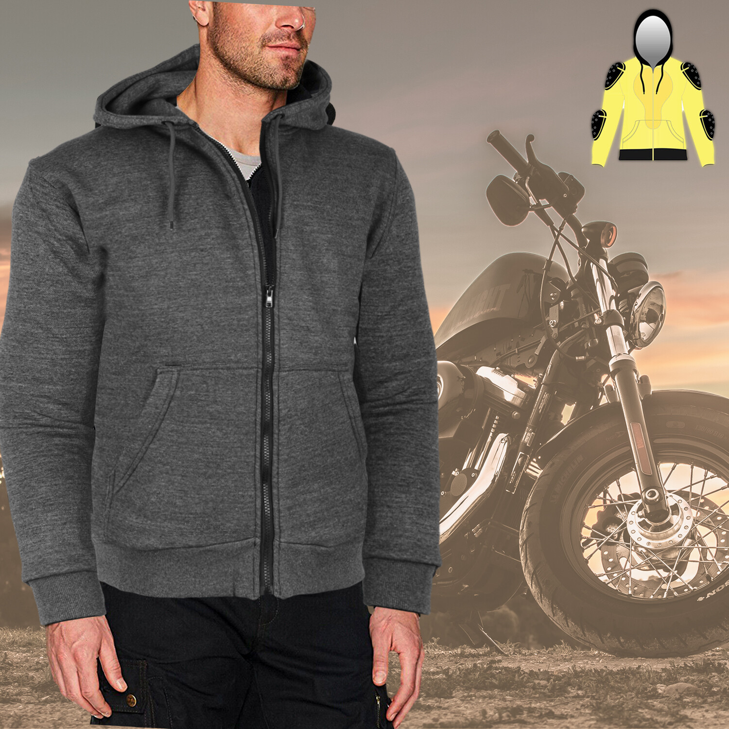 Mens Motorcycle Motorbike Hoodie Jacket lined with KEVLAR Armour ...