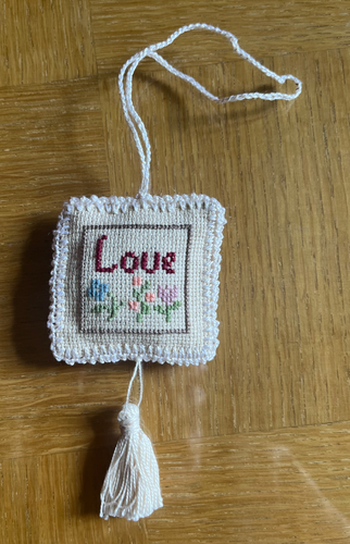 finished completed cross stitch scissors fob Love with crochet border ...