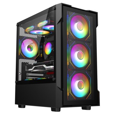 CIT Bolt Gaming PC Computer Case mATX Black 4x 12CM ARGB LED Fan Glass ...
