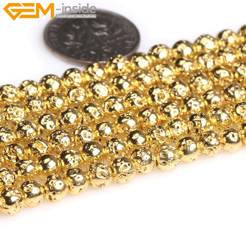 Golden Coated Round Lava Rock Volcanic Metal Bead Spacers For Jewelry ...