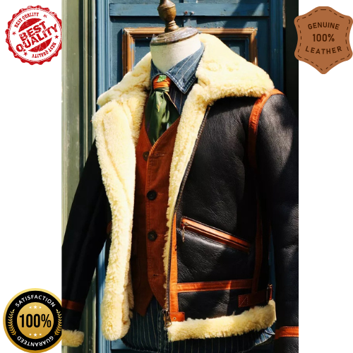 Mens RAF Aviator Real Leather Jacket Shearling Bomber B3 Sheep Skin ...